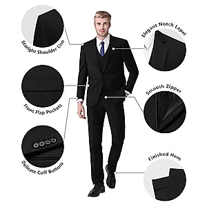 LUPURTY Suits for Men, 3 Piece Men's Suit Slim Fit, Solid Jacket Vest Pants with Tie, One Button Tuxedo Set, Black XS