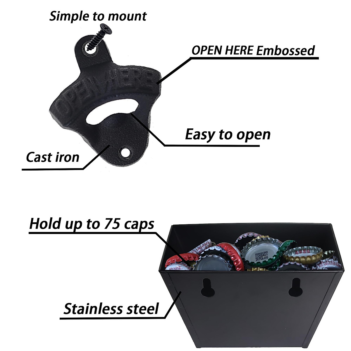 Luwanburg Black Cast Iron Bottle Opener Wall Mounted with Cap Catcher Bundle for Man Cave Garage Bar Gifts