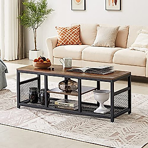 VECELO 47" Coffee Table with Storage Shelf for Living Room Industrial Wood and Metal Frame Easy Assembly Brown