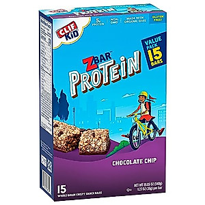 CLIF Kid Zbar Protein - Chocolate Chip - Crispy Whole Grain Snack Bars - Made with Organic Oats - Non-GMO - 5g Protein - 1.27 oz. (15 Pack)