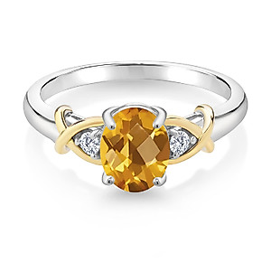 Gem Stone King 2 Tone 10K Yellow Gold and 925 Sterling Silver Oval Checkerboard Yellow Citrine and Lab Grown Diamond Women Ring (1.33 Cttw, Gemstone Birthstone, Available In Size 5, 6, 7, 8, 9)