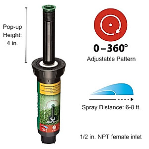 Rain Bird 1804VAN Professional Pop-Up Sprinkler, Adjustable 0° - 360° Pattern, 8' - 15' Spray Distance, 4" Pop-up Height