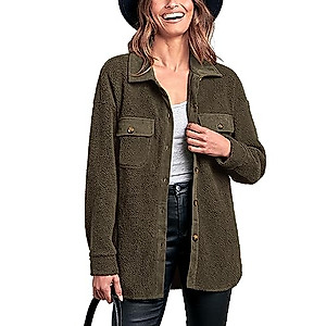 BTFBM Women's 2023 Fall Winter Button Down Shirts Sherpa Jacket Warm Long Sleeve Outerwear Faux Fur Shacket with Pockets(Solid Army Green, X-Large)