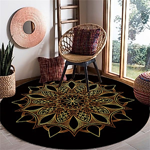 USHIRUG Black Gold Mandala Round Rugs 5ft Boho Gold Floral Circle Area Rugs Anti-Skid Vintage Pads Home Decor for Living Room Bedroom Washable Indoor Sofa Floor Area Mat Carpets