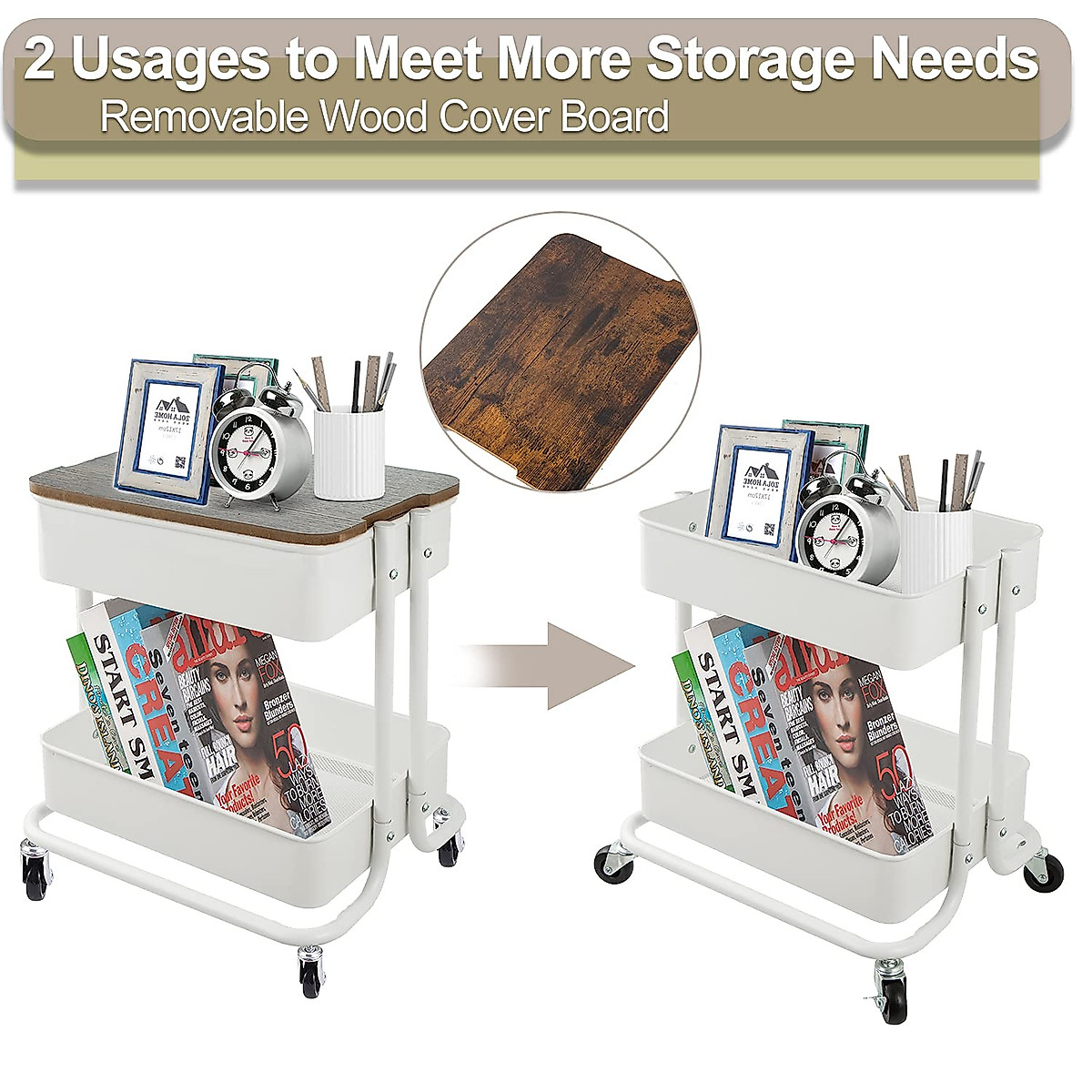 2 Tier Metal Utility Rolling Cart Storage Organizer with Cover Board, Mobile Trolley Sofa Side Table with Wheels for Office Home Kitchen Organization, White