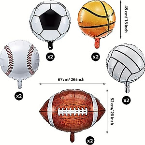 10 PCS Sports Themed Balloons, 18inch Aluminum Foil Sport Party Balloons Baseball Football Balloons Sports Themed Birthday Party Supplies for Boy Baby Shower Party Decoration（contains ribbon）