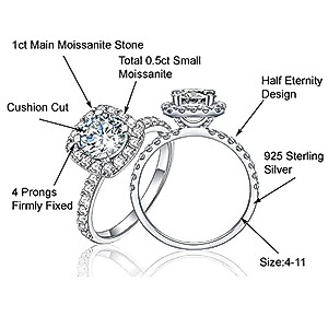 Jansme 1.5ct Cushion Cut Halo Moissanite Engagement Rings for Women Half Eternity 925 Sterling Silver Brilliant Solitaire Square Real Moissanite Engagement Rings Size 5