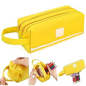 Rolin Roly Yellow Pencil Case Lager Capacity Pen Bag Stationery Storage Case Double Zipper Canvas Pen Box with Handle Organizer Makeup Cosmetics Adults Students Business Office