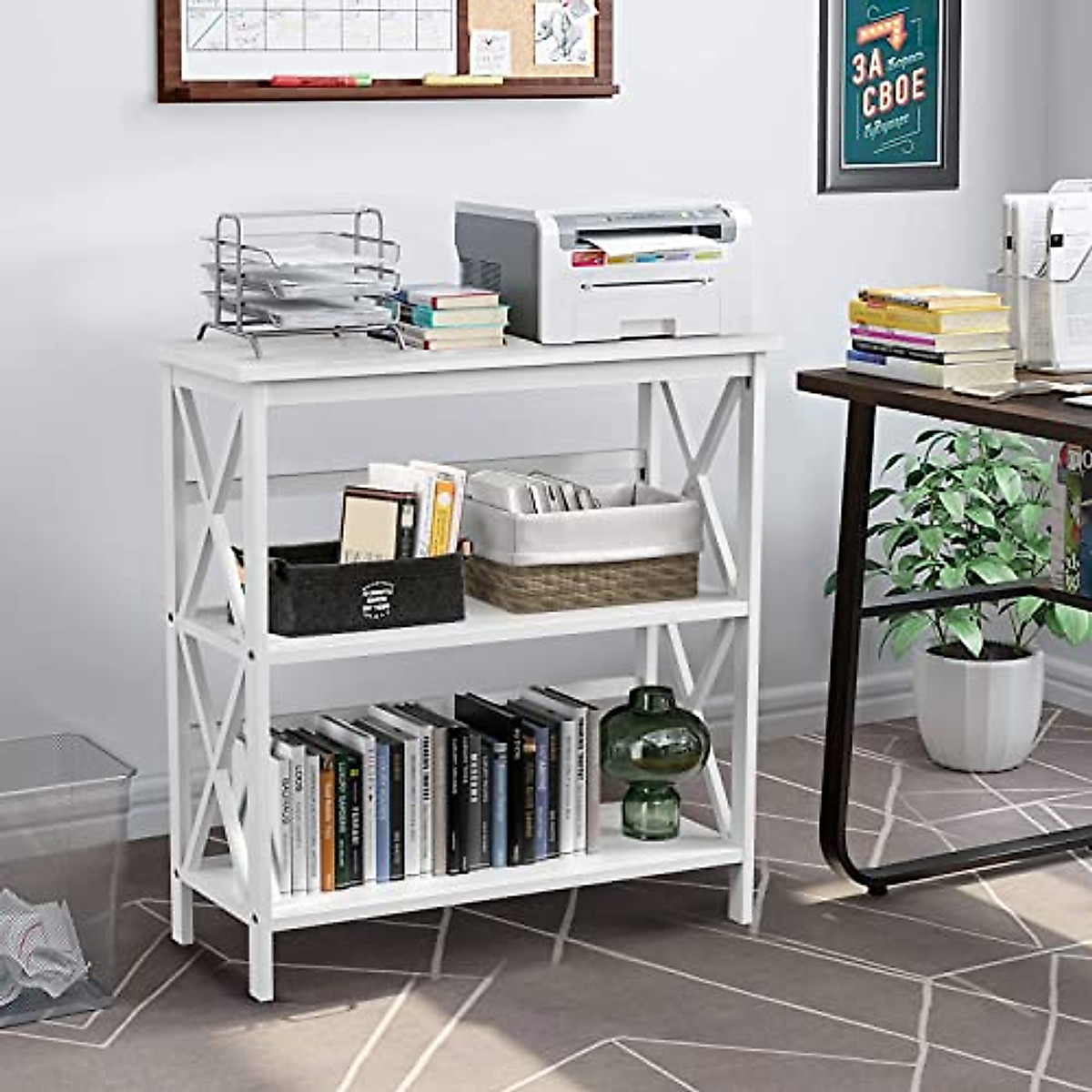 Tangkula 3-Tier Bookcase and Bookshelf, Wooden Open Shelf Bookcase, X-Design Etagere Bookshelf for Home Living Room Office, Multi-Functional Storage Shelf Units for Collection (White)