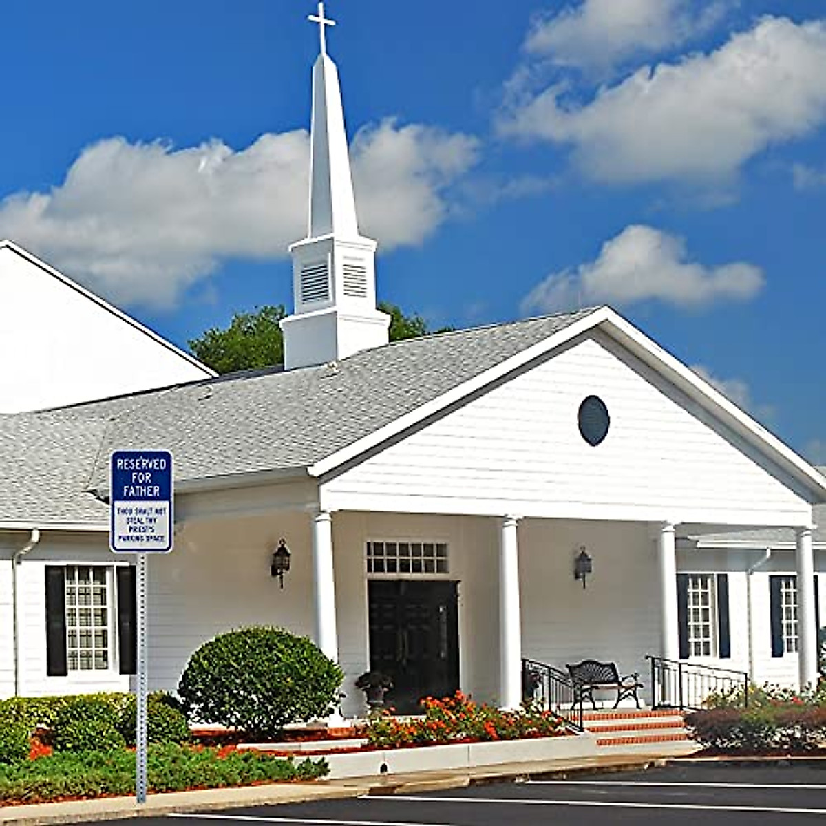 SmartSign 18 x 12 inch Funny “Reserved For Father - Thou Shalt Not Steal Thy Priest's Parking Space” Metal Sign, 63 mil Aluminum, 3M Laminated Engineer Grade Reflective Material, Blue and White