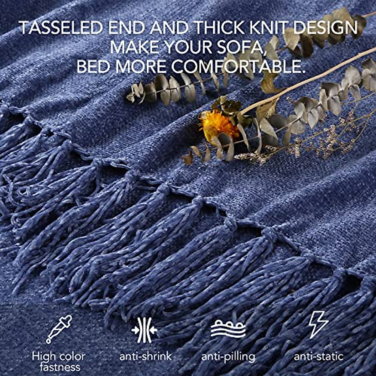 QUILTINA Super Value Fleece Throw Blankets for Couch, Lightweight Bed Blanket with Tassel for All Seasons, Spring/Summer Soft Blanket for Decoration & Outdoor Use (60'' x 50'' Blue)