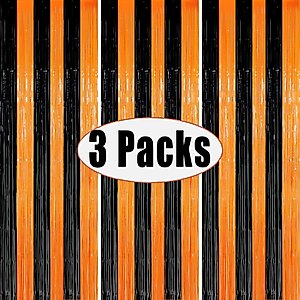 3 Packs 3.3ft x 6.6ft Orange Black Metallic Tinsel Foil Fringe Curtains Photo Booth Props for Halloween Birthday Bridal Shower Baby Shower Bachelorette Holiday Celebration Party Decorations