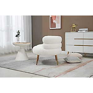 ZOBIDO Modern Accent Lambhair Chairs Comfy Upholstered Vanity Chairs for Bedroom Armchair Dining Chairs with Golden Metal Legs Desk Chair Single Person sofafor Living Room(White)
