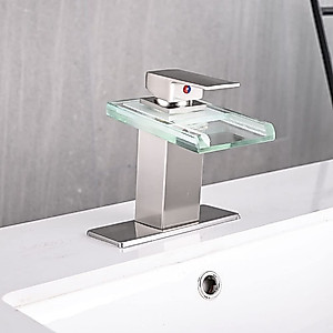 AVSIILE LED Bathroom Sink Faucet, Brushed Nickel Waterfall Single Hole Handle Vanity Faucets for Sinks 1 Hole with Metal Pop Up Drain and 2 Water Supply Lines, Open Glass Spout