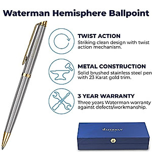 Dayspring Pens Personalized Waterman Pen | Engraved Waterman Hemisphere Stainless Gold Trim Ballpoint Pen. Personalized and Shipped in One Business Day