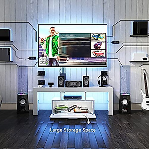 LMEREODY Modern LED TV Stand for 32/40/50/55 inch TV, Gaming Entertainment Center with LED Lights, High Glossy Television Stands with Storage, White Wood TV Console for Living Room, Bedroom