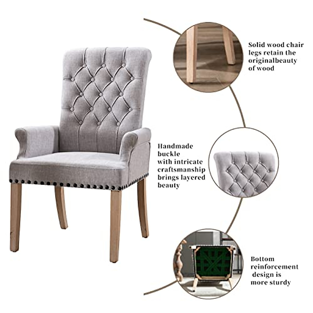 Restworld Fabric Arm Dining Chair,Tufted Upholstered High Back Nailed Trim with Untique Oak Wood Legs for Kitchen Restaurant Room Bedroom,Smoke Grey