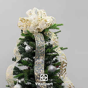 Vitalizart Christmas Ribbon Gold Wired Organza Sheer Ribbon 2.5 Inch x 10 Yards Glitter Snowflake for Tree Decoration Gift Wrapping Crafts Wreath Topper Bow Wedding Invitations Bridal Bouquets