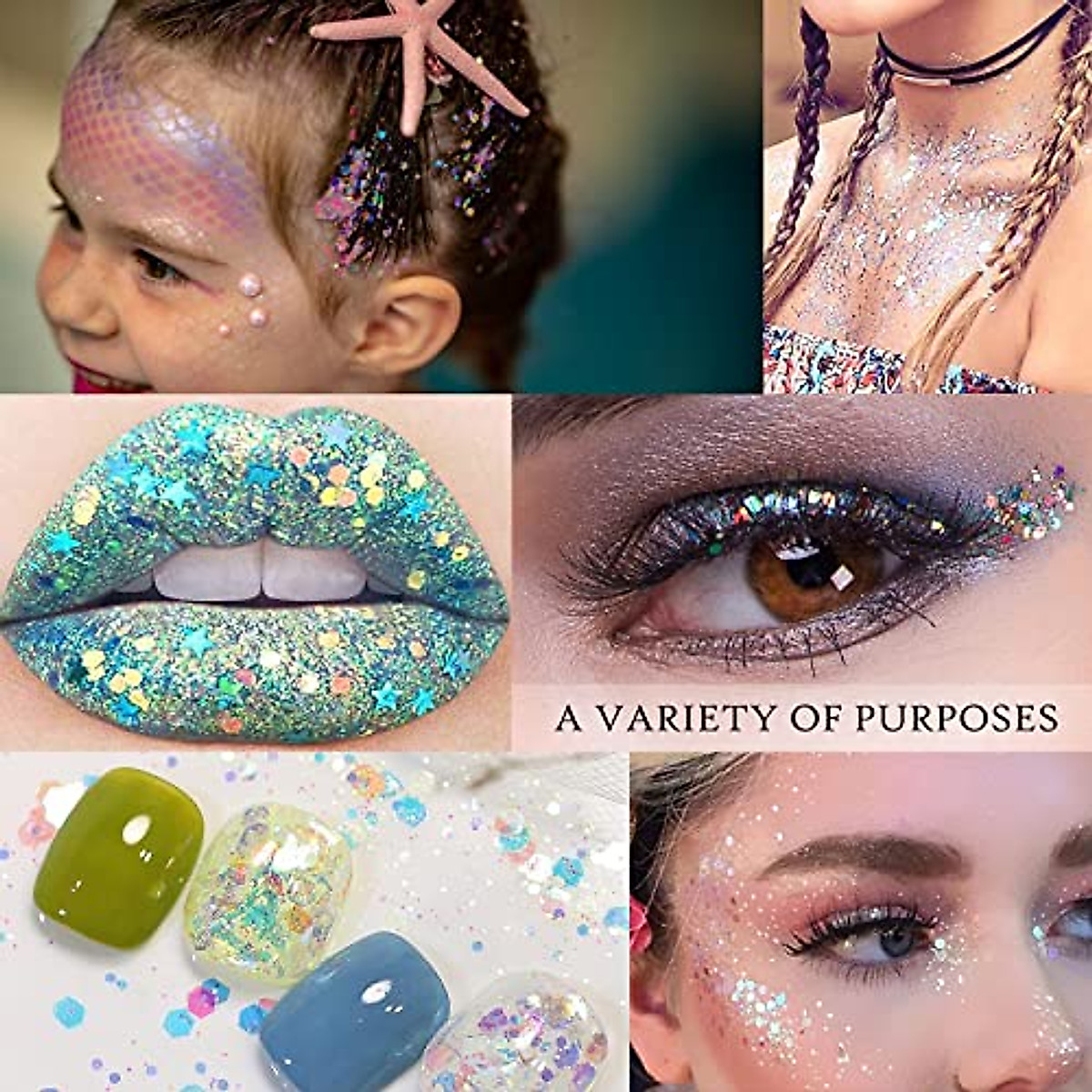 Ownest 12 Colors Holographic Chunky Glitter Gel Set, Christmas Party Makeup Face Body Eye Lips Hair Nail Cosmetic Festival Chunky Glitter Eyeshadow, Mixable, No Need Glue