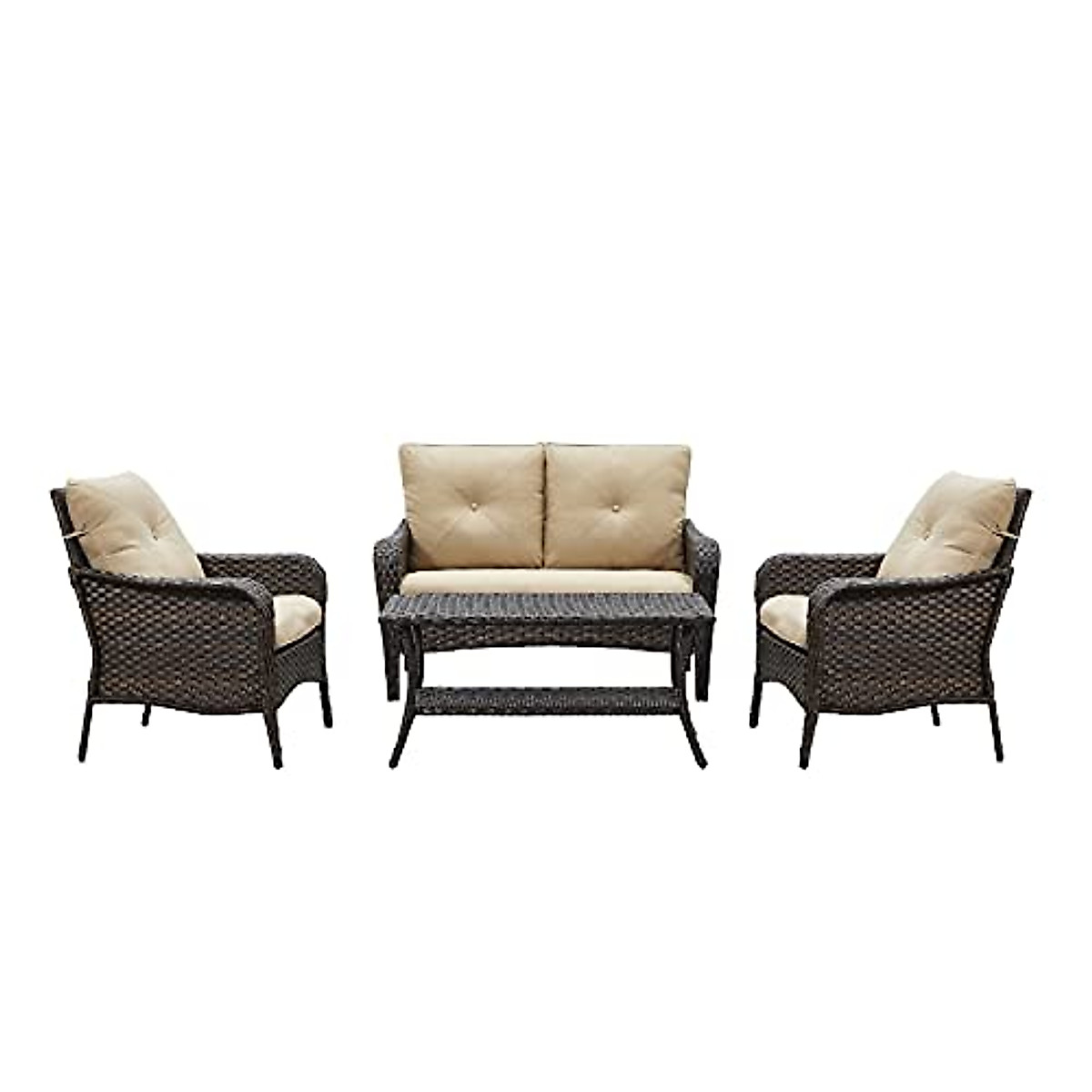 Rilyson Patio Conversation Set, 4 Piece Outdoor Patio PE Rattan Wicker Sofa Furniture Set, Deep Seating Couch Chairs and Coffee Table for Backyard Porch Lawn Garden