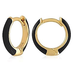 14K Gold Plated Sterling Silver Enamel Color Huggie Hoop Earrings for Women – Black Enamel
