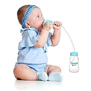 Tinukim iFeed 4 Ounce Self Feeding Baby Bottle with Tube - Handless Anti-Colic Nursing System, Blue - 2-Pack