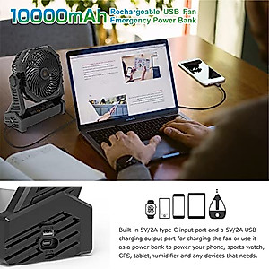 Portable Rechargeable Fan with Light, 10000mAh Battery Operated Tent Fan with Light & Hook, 270° Pivot, 3 Speeds, Personal USB Table Fan for Camping, Power Outage, Hurricane, Jobsite