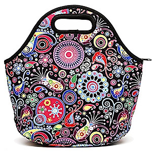 Neoprene Insulated Lunch Bag For Women Cooler Lunch Box For Adult Waterproof Lunch Tote Bag - Black Flower