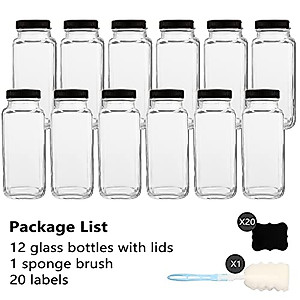 GUANENA 12 Pack Glass Drink Bottles, 8.5 OZ Vintage Square Water Bottles with Lids, Juice Bottles Beverages Containers for Milk, Kombucha, Smoothies