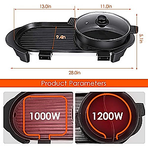 BOEASTER Electric Hot Pot with Grill Indoor Shabu-shabu Hotpot Korean BBQ Grill, Removable Hotpot Pot W/ Large Capacity Baking Tray, Smokeless Non-Stick Skillet Pan, Adjustable Temperature, 1-6 People 110V