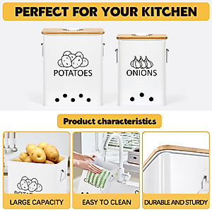 Potato and Onion Storage Bin, Set of 2 Vegetable Storage Tins with Wooden Lids & Side Handles, Dual-row Ventilation Holes, Farmhouse Metal Kitchen Canisters Sets, White