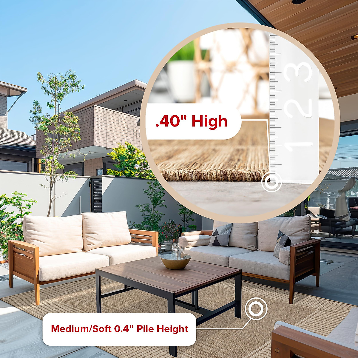 nuLOOM 7' Round Outdoor Area Rug, Casual Design With Striped Border, Stain Resistant, Highly Durable, For Patio, Balcony, Bedroom, Living Room, Dining Room, Bathroom, Light Brown