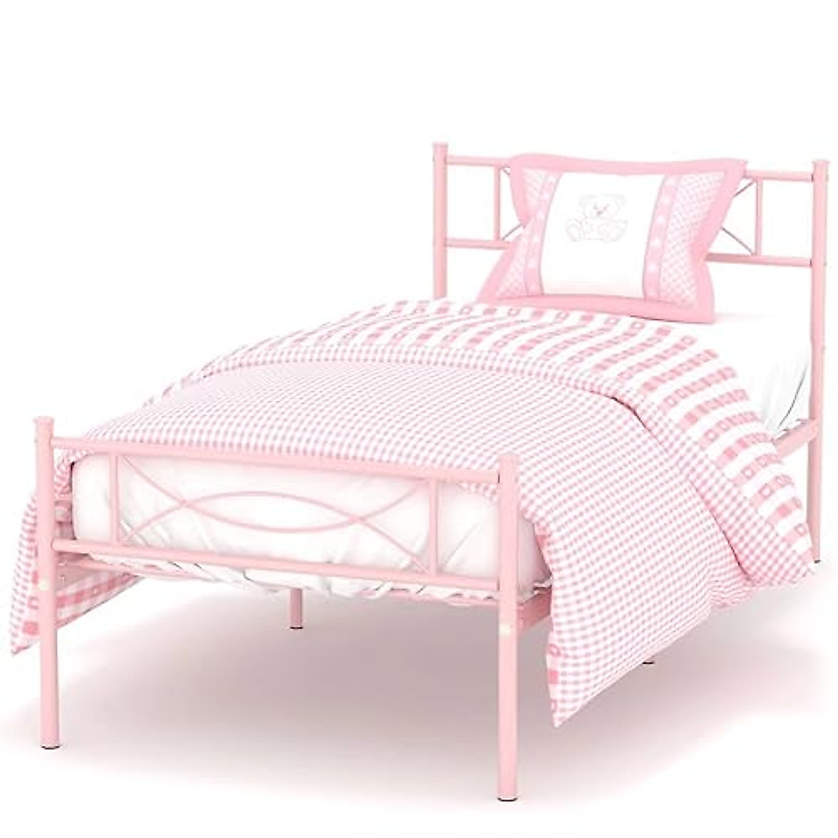Pink Twin Bed Frame for Girls, Bed Mattress Foundation Support with Headboard and Footboard No Box Spring Need Metal Platform Bed