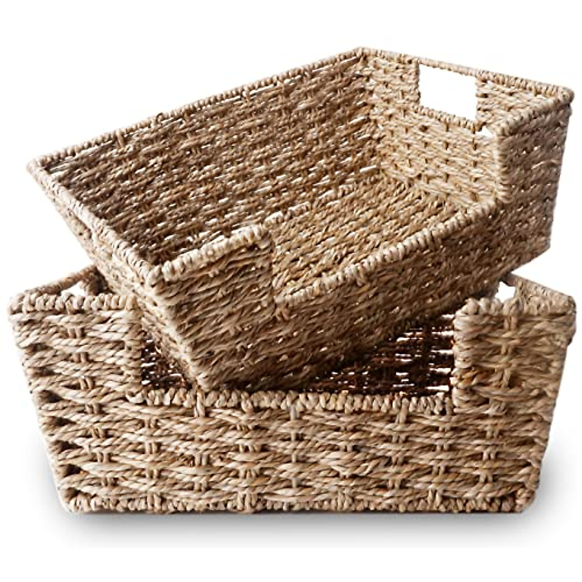 Seagrass Wicker Storage Baskets with Handles 13.8” x 11” x 5.5”, 2-Pack, Large Storage Baskets for Shelf Organizing, Rectangular Pantry Organizer Basket Bins, Chi An Home Woven Baskets for Storage…