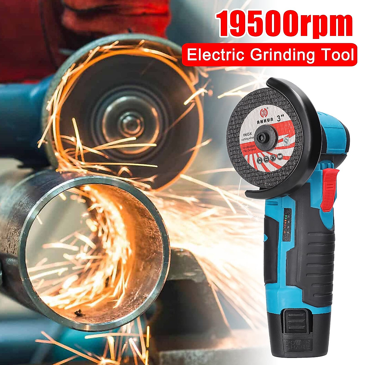 Weytoll Mini Angle Grinder, 19500rpm Electric Grinding Tool Mini Grinder Handheld Cutter,with 1pcs 12V 3900mAh Battery & 2pcs Discs for Cutting Polishing Ceramic Tile Wood Stone Steel