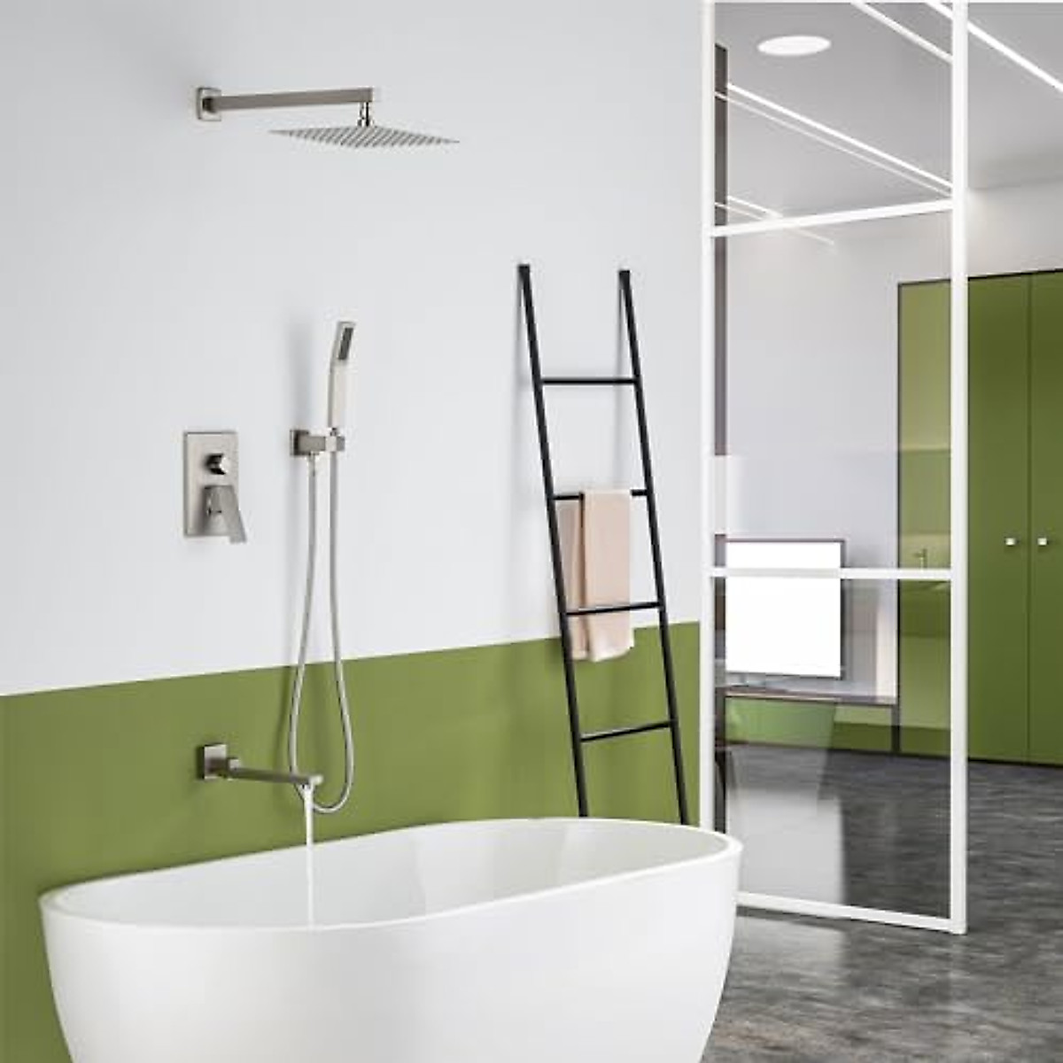 DoBrass Tub Shower Faucets Set Complete with Pre-embedded Valve, 10-inch Square Waterfall Shower Head System with Handheld Shower and Tub Spout, Bathroom with Bathtub, Wall Mounted, Brushed Nickel