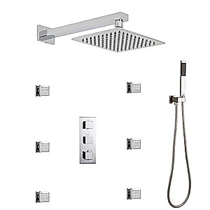 Bath Select Velar Brass Bathroom Shower Set N45 - BATHROOM-TAPN45 With Rain Shower Head, Hand Shower, Mixer, Diverter & 6 Body Jets Classic Style Wall Mount Shower Set - 10 Inch