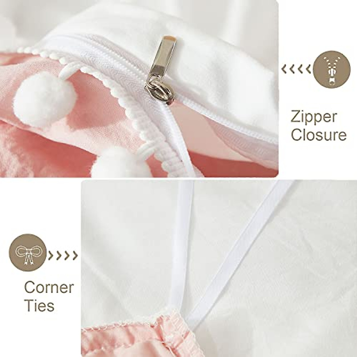 Bedbay Queen Duvet Cover Set Pink Bedding for Teen Girls Aesthetic Bedding Set Ball Pom Fringe Design 3pcs Ultra Soft Microfiber Duvet Cover Set(White&Pink,Queen)