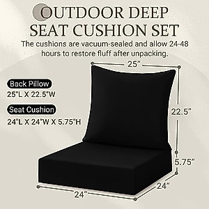 downluxe Outdoor Deep Seat Cushions Set, Waterproof Memory Foam Patio Furniture Cushions with Zipper for Outdoor Chair Sofa, 24" x 24", Black, 2 Piece Set