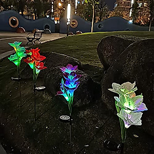 Solar Garden Flower Stake Light for Patio Lawn Pathway Outdoor, Lily Stake Lights, Spring Summer Outside Fairies Garden Accessories Decoration, Waterproof (Red)