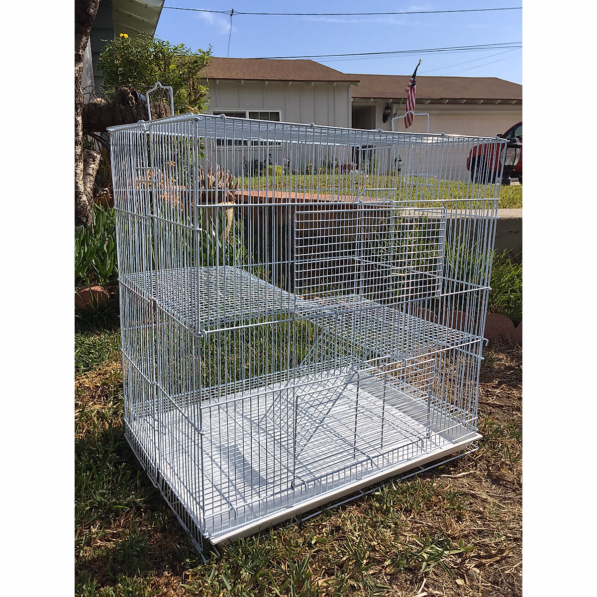 3-Levels Ferret Chinchilla Sugar Glider Rats Animal Chew Free Cage 24" L x 16" W x 24" H with 3/8-Inch Wire Cross Metal Shelves and Ladders