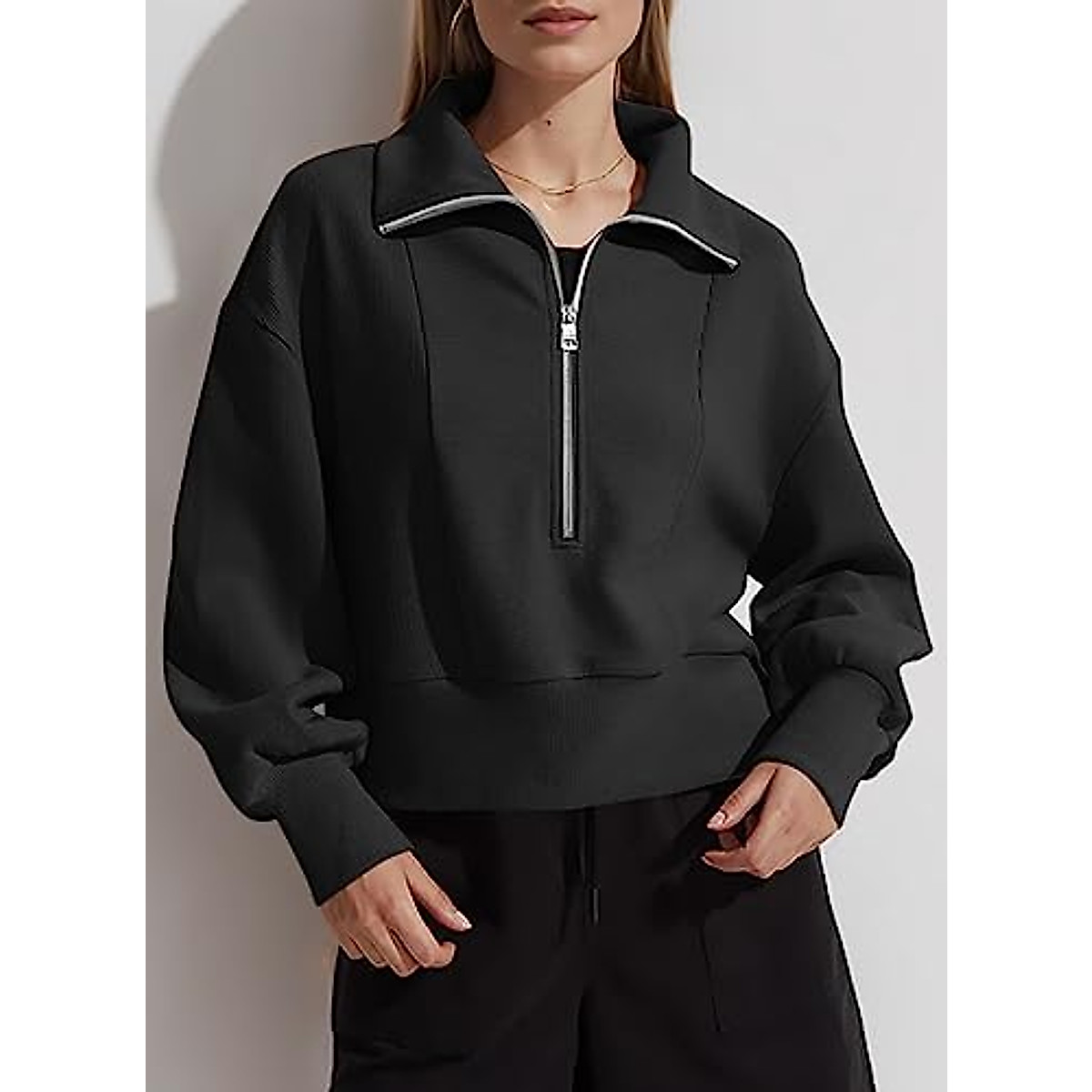 Dokotoo Womens Casual Half Zip Pullover Long Sleeve Sweatshirts Quarter Zipper Cropped Sweatshirt Tops for Women Teen Girls Fall Jackets Winter Warm Sweater Outfits Clothes Black Large