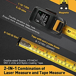 PREXISO 2-in-1 Laser Tape Measure, 135Ft Rechargeable Measurement Tool & 16Ft Measuring Movable Magnetic Hook - Pythagorean, Area, Volume, Ft/Ft+in/in/M Unit NOT Digital