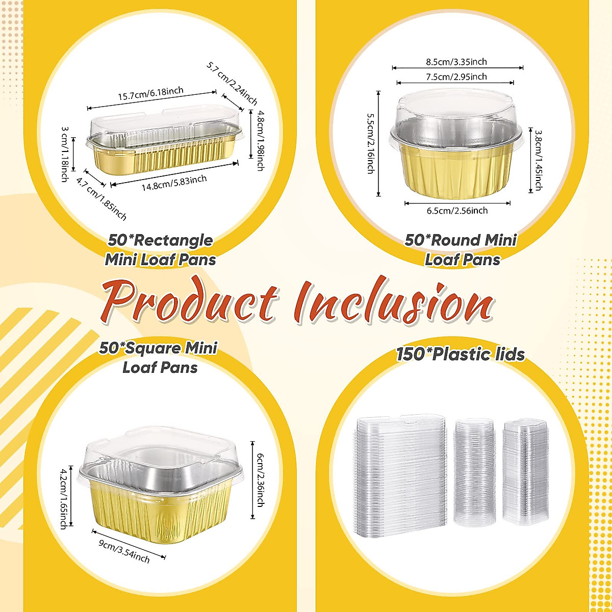 150 Pcs Mini Cake Pans with Lids Disposable Ramekins 6.8 oz 5 oz Aluminum Foil Cupcake Baking Cups, Rectangle Round Square Cupcake Liners Cake Tins for Flan Muffin Dessert Party Favors, Gold