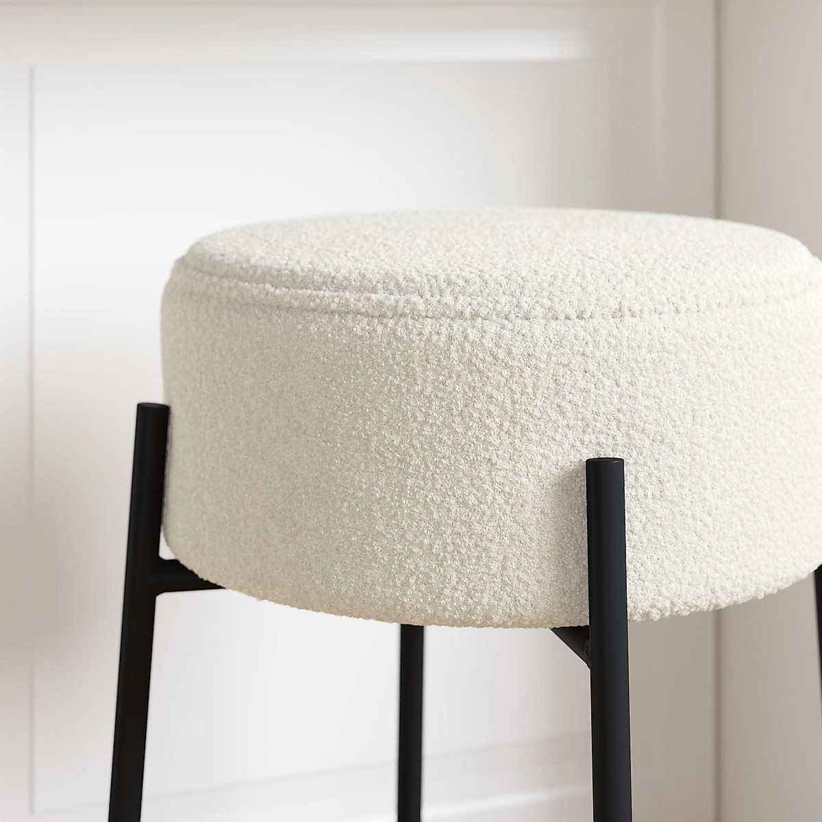 Nathan James Isaac 24" Modern Backless Bar Stool with Round Soft Padded Boucle Seat and Metal Mid-Century Base, Boucle White/Black