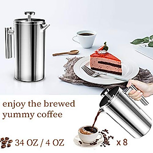 BINE French Press Coffee Maker, Stainless Steel 8 Cups 34oz Double-Wall Metal Insulated Coffee Tea Makers with 4 Level Filtration System, Rust-Free, Dishwasher Safe