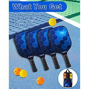 Pickleball Set of 4, Pickleball Paddles, Lightweight Wood Pickle Ball, 4 Outdoor & Indoor Pickleball Balls, 1 Carrying Bag, Pickleball Racquets with Cushion Comfort Grip, Gifts for Men Women