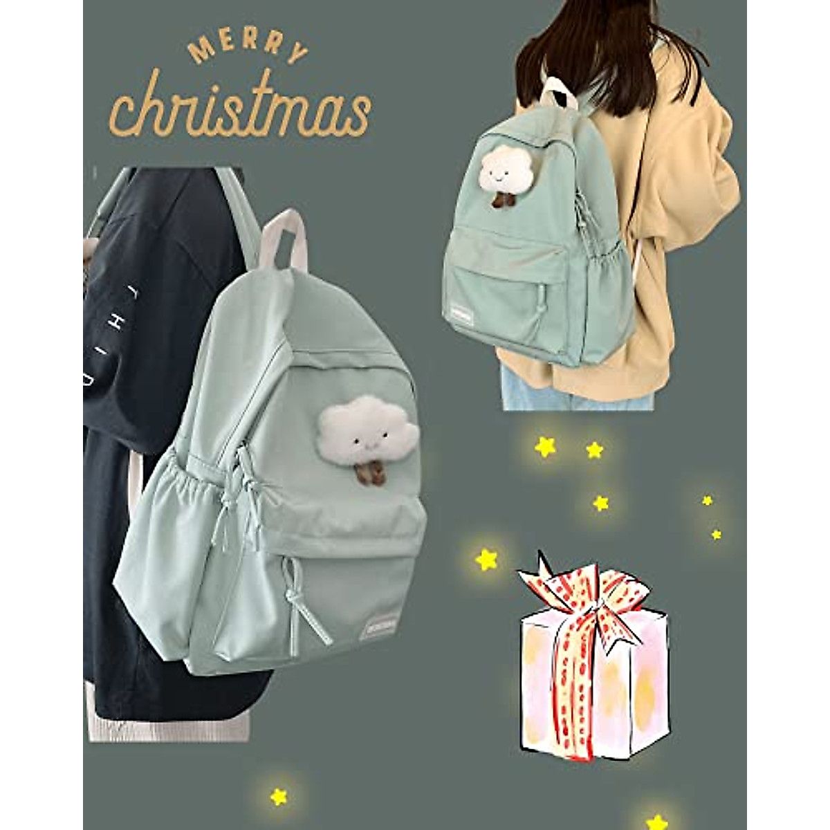 Aesthetic Backpack with Kawaii Cloud Pendant, Large Capacity Rucksack, Sturdy and Durable, Back to School Essential. (Matcha Green)