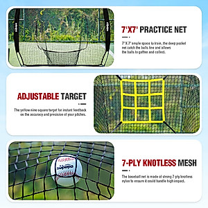 Zupapa Baseball Softball Practice Combo - 7 X 7 Feet Net Tee Caddy 12 Pack Baseballs Set, Upgraded Vivid Strike Zone, Baseball Backstop Practice Net for Hitting Pitching Batting Catching (Black)