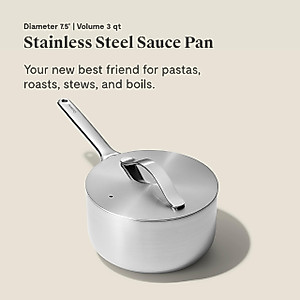 Caraway Stainless Steel Sauce Pan (3 Qt) - 5-Ply Stainless Steel - Oven Safe & Stovetop Agnostic - Non Toxic, PTFE & PFOA Free
